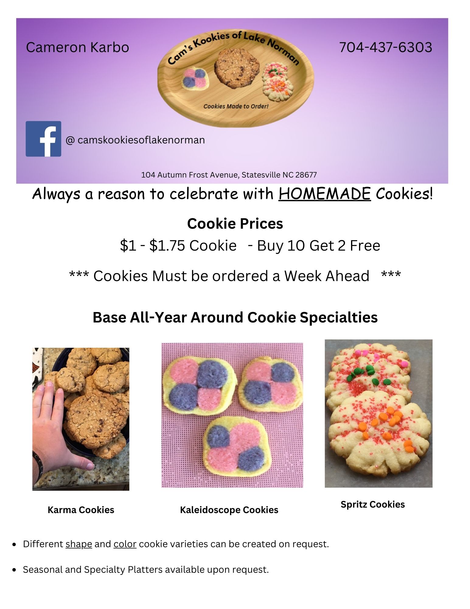 Cam's Kookies of Lake Norman – There is always a reason to celebrate with HOMEMADE cookies!